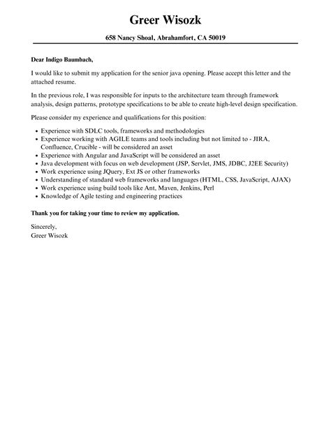 Senior Java Cover Letter Velvet Jobs