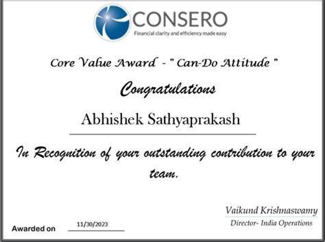 Abhishek S Gowda On Linkedin Core Value Award 2023 ☺️ Thanks Consero Global