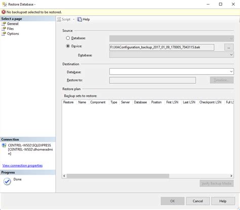 Restore Backup Sql Server Shows No Backups And Displays No Backupset Selected To Be Restored