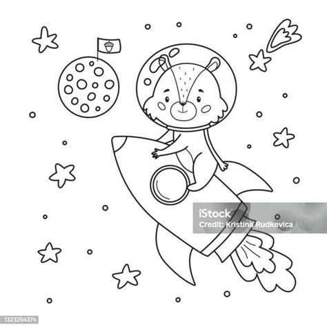 어린이를 위한 색칠 페이지입니다 로켓에 귀여운 만화 다람쥐와 함께 0명에 대한 스톡 벡터 아트 및 기타 이미지 0명 견과 과학 Istock
