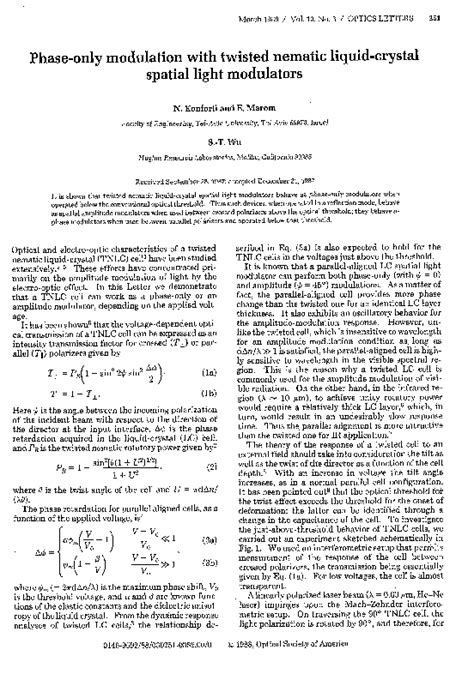Pdf Phase Only Modulation With A Twisted Nematic Liquid Crystal Display By Means Of Equi