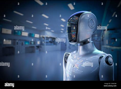 Automation Laboratory Concept With 3d Rendering Humanoid Robot In