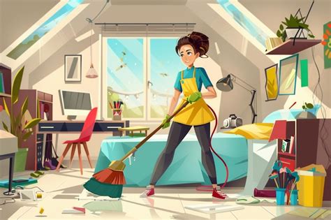 Cartoon Adult Woman Cleaning Premium AI Generated Vector
