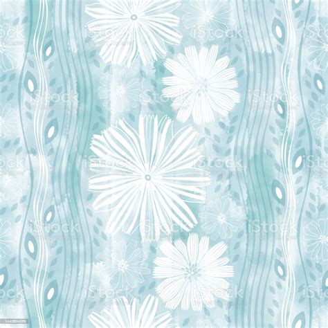 손으로 그린 추상 꽃과 파란색 수채화 배경에 수직 물결 모양의 줄무늬가 있는 매끄러운 단색 패턴 벽지 포장 직물 및 섬유에 적합합니다 0명에 대한 스톡 벡터 아트 및 기타