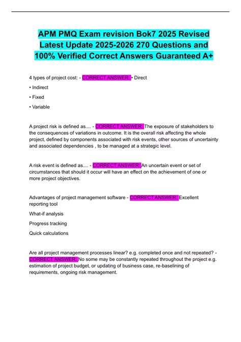Apm Pmq Exam Revision Bok7 2025 Revised Latest Update Questions And 100 Verified Correct
