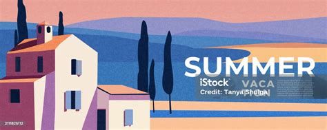 여름 자연 풍경 포스터 배너 표지 여름 필드 집 산 및 타이포그래피 디자인이 있는 카드 여름 휴가 유럽 휴가 여행 일러스트 웹 사이트 헤더 여름에 대한 스톡 벡터 아트 및