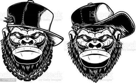 빈티지 모노크롬 스타일의 야구 모자와 선글라스를 가진 성난 고릴라의 머리의 일러스트레이션 세트 엠블럼 기호 포스터 카드 배너를 위한 디자인 요소 벡터 일러스트레이션 원숭이에