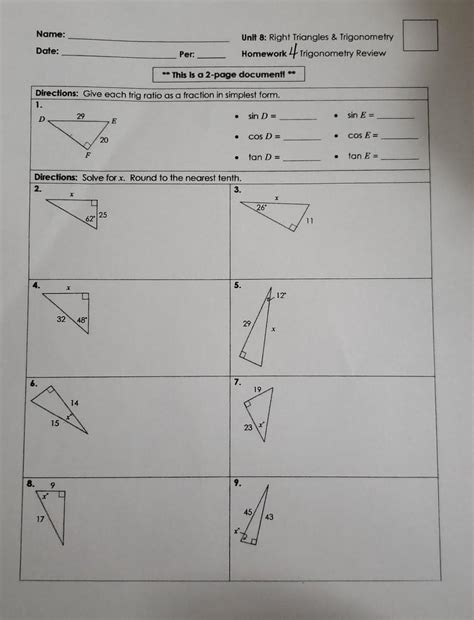 Solved Name Unit 8 Right Triangles And Trigonometry Homework
