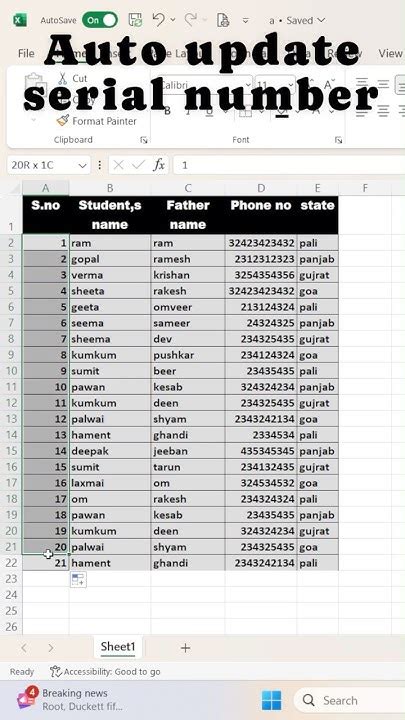 How To Auto Update Serial Number In Excel 🫶 ️ Excel Shortsvideo
