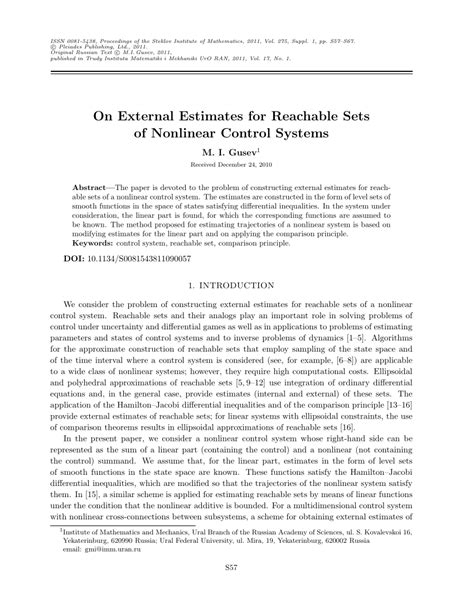 Pdf On External Estimates For Reachable Sets Of Nonlinear Control Systems