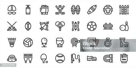 야구 축구 야구 헬멧 스톱워치 골프 볼링 카약 미식축구 등 32개의 스포츠 장비 얇은 윤곽 아이콘 세트 0명에 대한 스톡 벡터 아트 및 기타 이미지 Istock