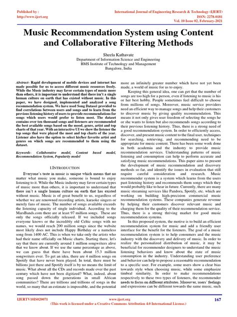 Music Recommendation System Using Content And Collaborative Filtering Pdf Information