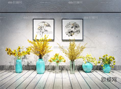 现代陶瓷玻璃黄花花瓶组合3D模型下载 ID10576312 3dmax免费模型 欧模网