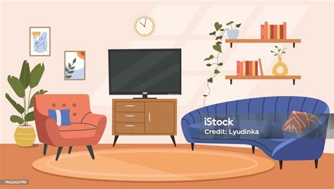거실 인테리어 편안한 소파 의자 Tv 화초 벡터 평면 만화 그림 거실에 대한 스톡 벡터 아트 및 기타 이미지 거실 텔레비전 벡터 Istock