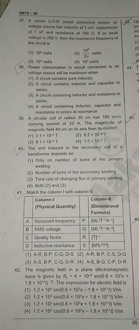 Match The Column I With Column Ii Column I Physical Quantity Column