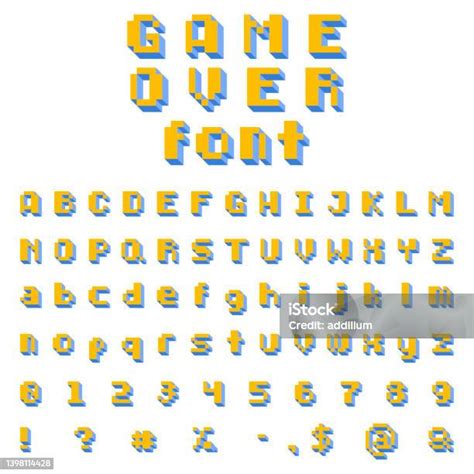 픽셀 비디오 게임 글꼴 올드 스쿨 복고풍 서체 8비트 기호 문자 및 숫자 모자이크 처리에 대한 스톡 벡터 아트 및 기타 이미지 모자이크 처리 알파벳 비디오 게임방