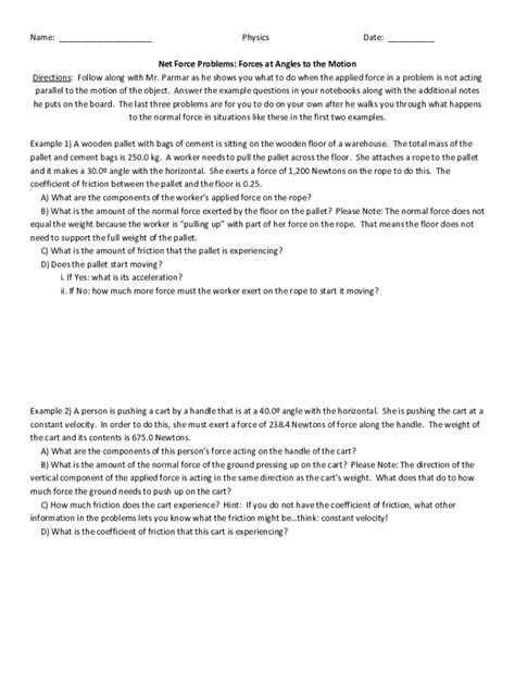 Fillable Online Net Force Problems Forces At Angles To The Motion Directions Fax Email Print