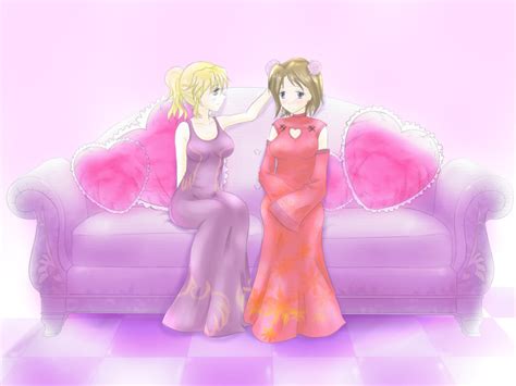 Safebooru 2girls Blonde Hair Breasts Brown Hair Chinadress Couch
