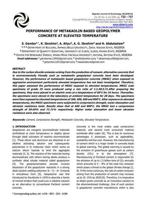 Pdf Performance Of Metakaolin Based Geopolymer Concrete At Elevated Temperature