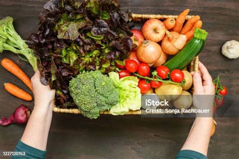 갈색 나무 테이블에 신선한 지역 채소 상자를 들고 있는 여성의 손 채소에 대한 스톡 사진 및 기타 이미지 채소 나무 상자 바구니 Istock