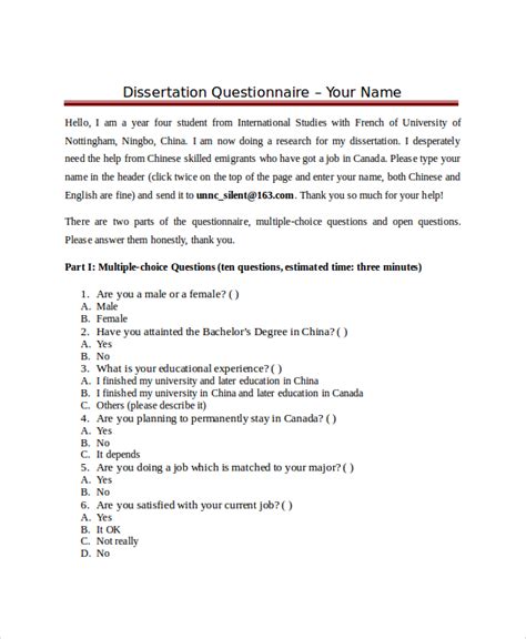 8 Dissertation Questionnaire Examples To Download