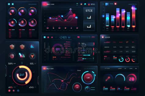 Dark Neumorphic User Interface Elements With Neon Buttons And Bars
