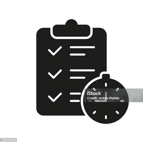 시간 관리 실루엣 아이콘입니다 클립보드 및 스톱워치 생산성 작업 구성 및 효율적인 시간 사용에 대한 체크리스트 고립된 벡터 삽화 계획에 대한 스톡 벡터 아트 및 기타 이미지