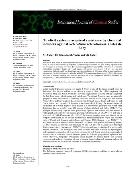 Pdf To Elicit Systemic Acquired Resistance By Chemical Inducers Against Sclerotinia