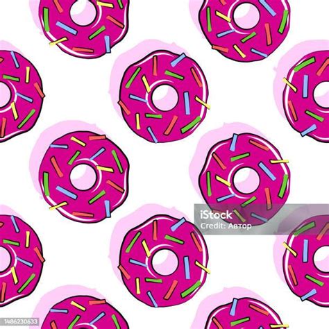도넛 달콤한 음식 벡터 원활한 패턴 평면 만화 배경 템플릿 패브릭 인쇄 벽지 디자인 맛있는 설탕 구운 유약 생과자 카드 낙서 간단한 그림 0명에 대한 스톡 벡터 아트 및