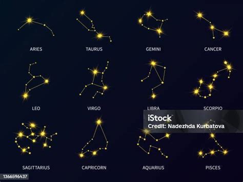 빛나는 조디악 표지판 별자리 천문별 기호 암과 전갈 아이콘 하늘에 빛나는 천칭 자리와 황소자리 점성술별 별이 빛나는 계획 벡터 별자리 요소 세트 황소자리에 대한 스톡 벡터