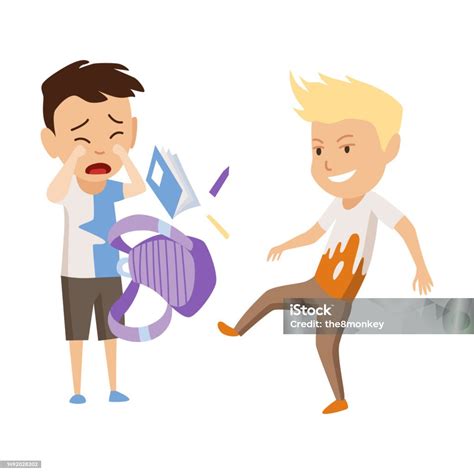 아이들을 괴롭히는 유치한 괴롭힘이나 어린이 간의 언어적 신체적 갈등 나쁜 아이 행동 무서워하고 강한 화가 난 아이들 갈등 만화 캐릭터 대결 2명에 대한 스톡 벡터 아트 및