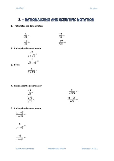 4 Eso Academics Unit 02 Exercises 4 2 3 Rationalizing The Denominator And Standard Form Pdf