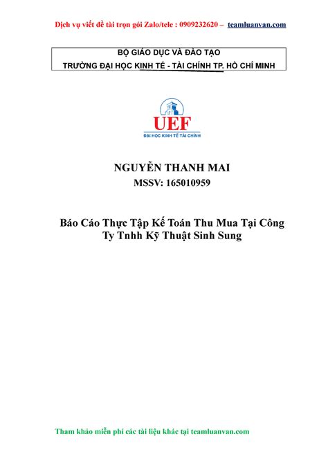 Báo Cáo Thực Tập Kế Toán Thu Mua Tại Công Ty Tnhh Kỹ Thuật Sinh Sung BỘ GIÁO DỤC VÀ ĐÀO TẠO