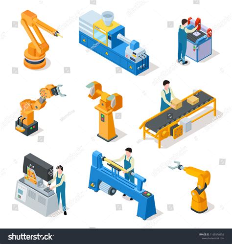Industrial Robots Isometric Machines Assembly Line Stock Vector