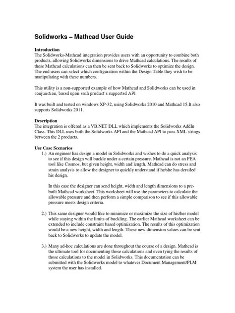 Solidworks Mathcad Integration Install User Guide Pdf Matrix