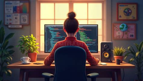 Person Focused On Coding At Desktop Young Woman Engrossed In