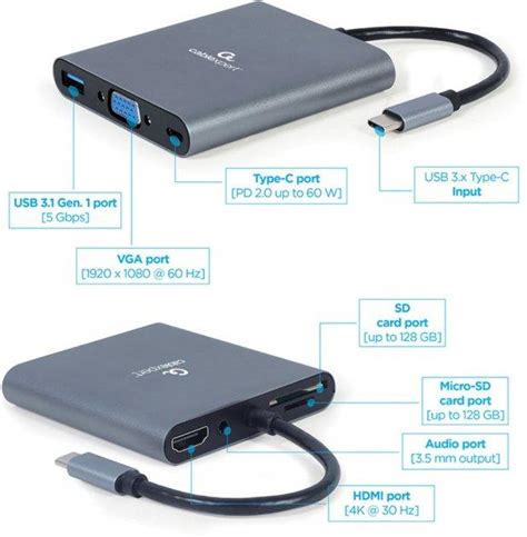 Купить Usb Hub Type C Hdmi Vga Кардридер Звуковой вход Cablexpert металл концентратор юсб