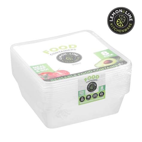 Reusable Food Container Square 950ml 8pk Lemon And Lime