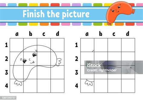 그림을 완료합니다 아이들을위한 색칠 공부 책 페이지 워크시트를 개발하는 교육 어린이를위한 게임 필기 연습 만화 캐릭터 벡터 그림입니다 바베큐 테마 개발에 대한 스톡 벡터