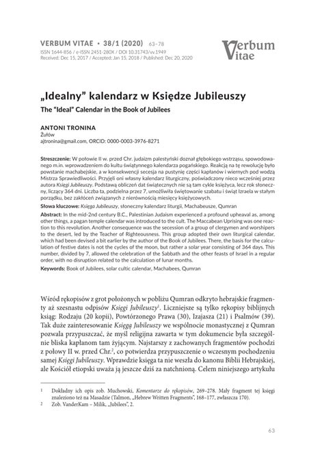Pdf „idealny” Kalendarz W Księdze Jubileuszy