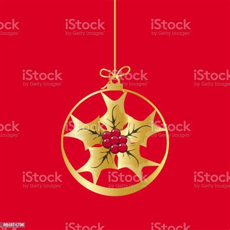 나비와 미 슬 토 플랫 크리스마스 공입니다 금색과 빨간색 홀리 베리 장식 크리스마스 장식으로 골드 값싼 물건을 벡터 빨간색 배경에 고립 된 그림입니다 실루엣 아이콘 기호