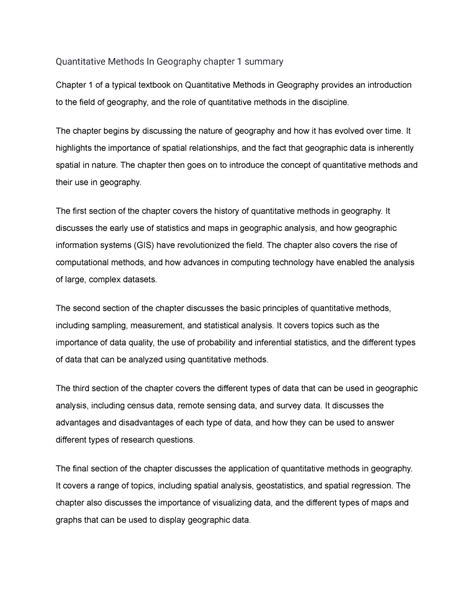 Quantitative Methods In Geography Chapter 1 Summary The Chapter Begins By Discussing The