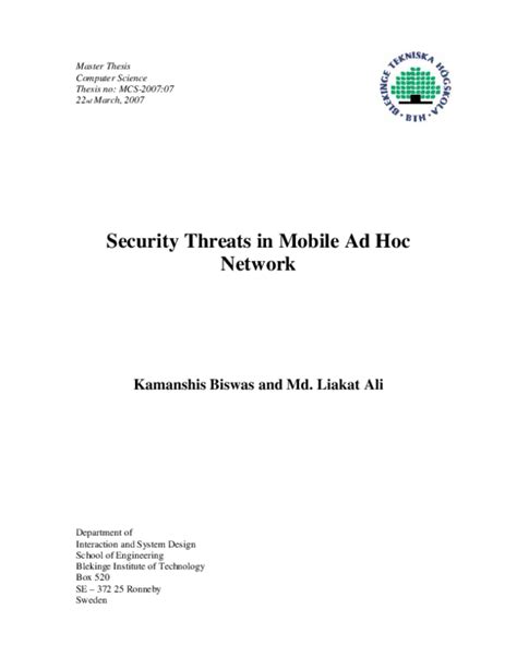 Pdf Security Threats In Mobile Ad Hoc Network