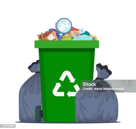 쓰레기통과 검은색 비닐 쓰레기 봉투가 가득합니다 쓰레기로 넘쳐나는 재활용 용기 녹색 재활용 캔 거리 쓰레기 쓰레기 오염 쓰레기통 컨테이너 더미 쓰레기통 바구니 벡터 일러스트