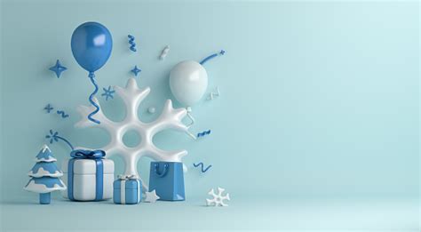 풍선 눈송이 선물 상자 복사 공간 텍스트 3d 렌더링 일러스트와 겨울 장식 배경 3차원 형태에 대한 스톡 사진 및 기타 이미지