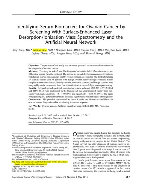Identifying Serum Biomarkers For Ovarian Cancer By Screening With Surface Enhanced Laser