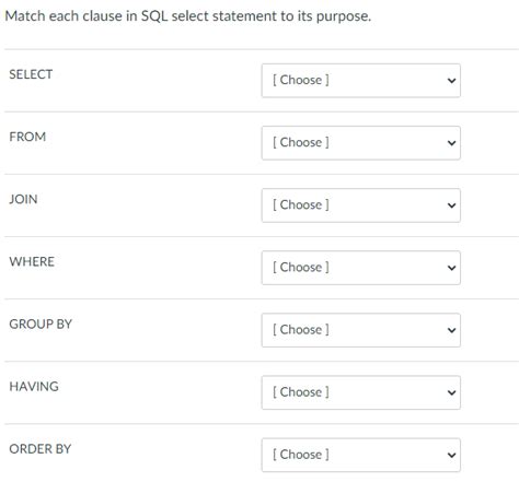 Solved Match Each Clause In SQL Select Statement To Its Chegg Com