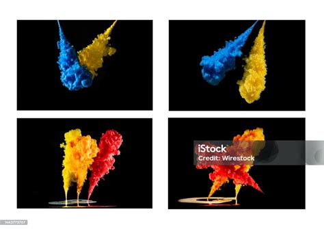 캔버스에 파란색 노란색 주황색 및 빨간색의 물과 아크릴 페인트 4개 이미지 0명에 대한 스톡 사진 및 기타 이미지 0명 개념 개념과 주제 Istock