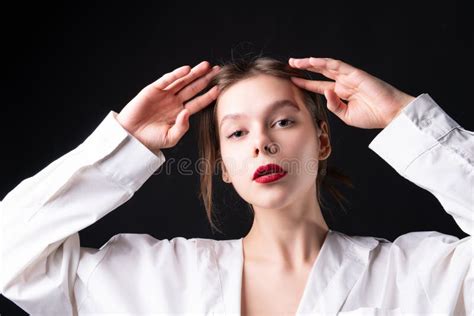 Elegance Attractive Studio Model Hairstyle Makeup Hands Up Posing