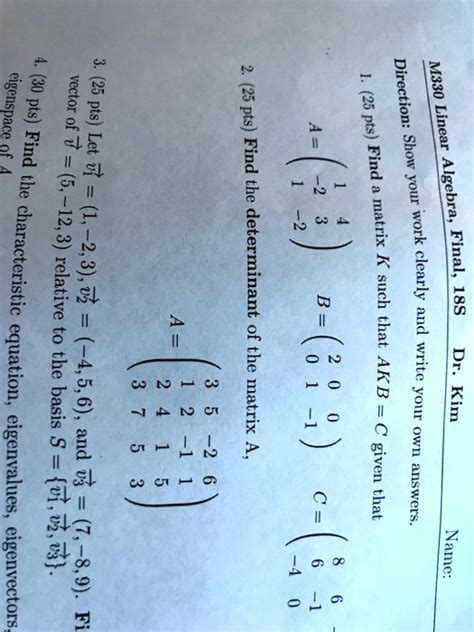 Solved Linear Algebra Finding Matrix Determinants And Eigenvectors Find The Matrix Determinant